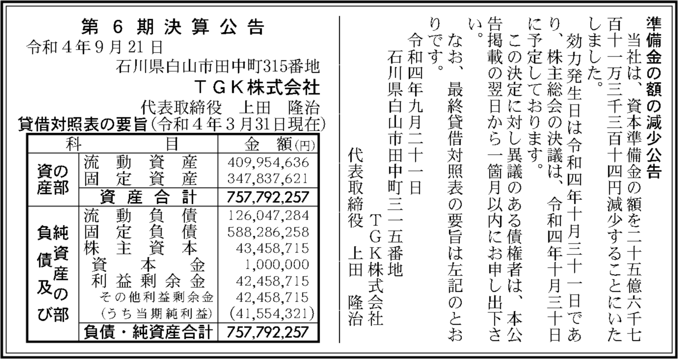 TGK株式会社 第6期決算公告 | 官報決算データベース