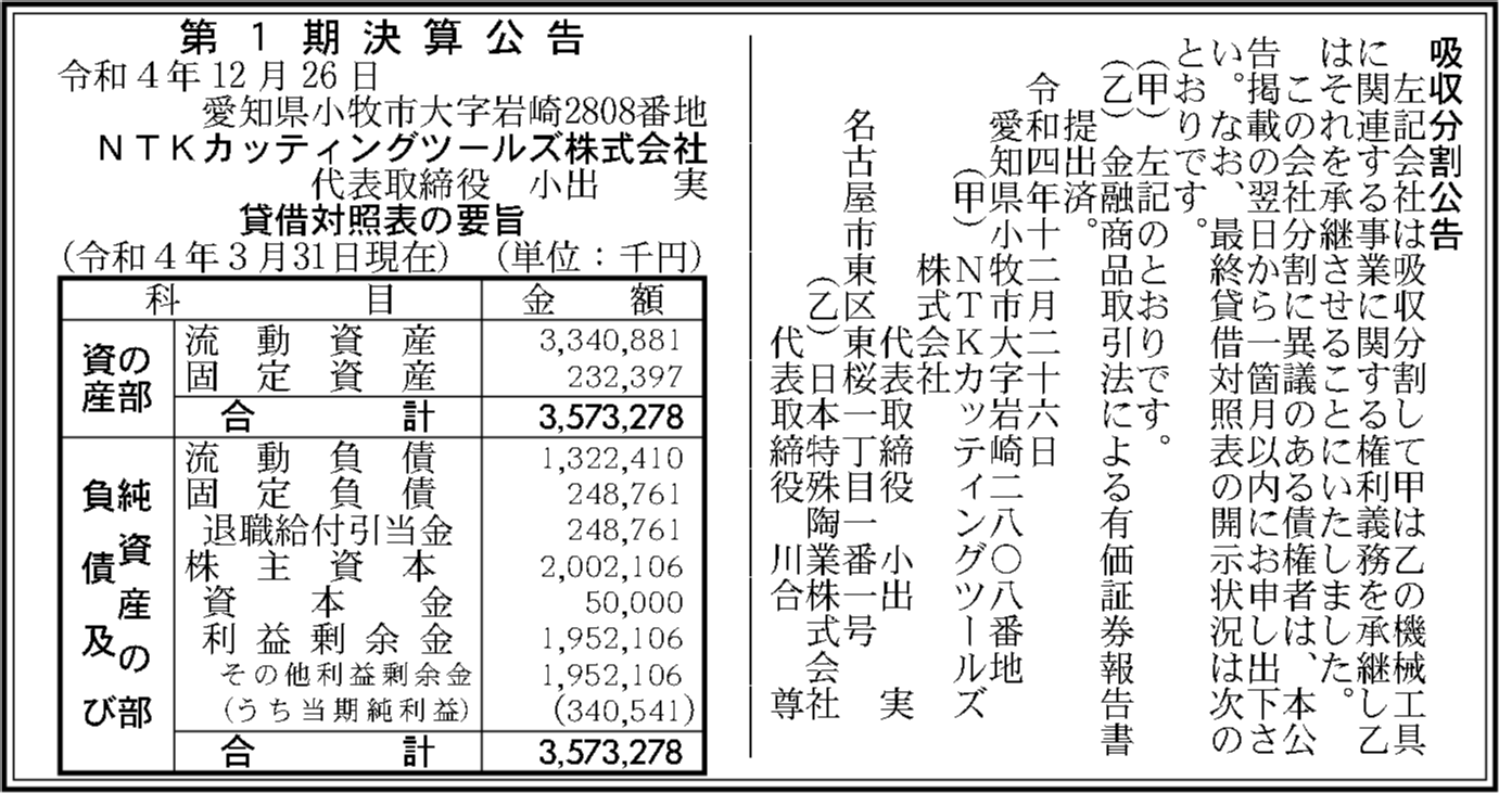 NTKカッティングツールズ株式会社 第1期決算公告 | 官報決算データベース